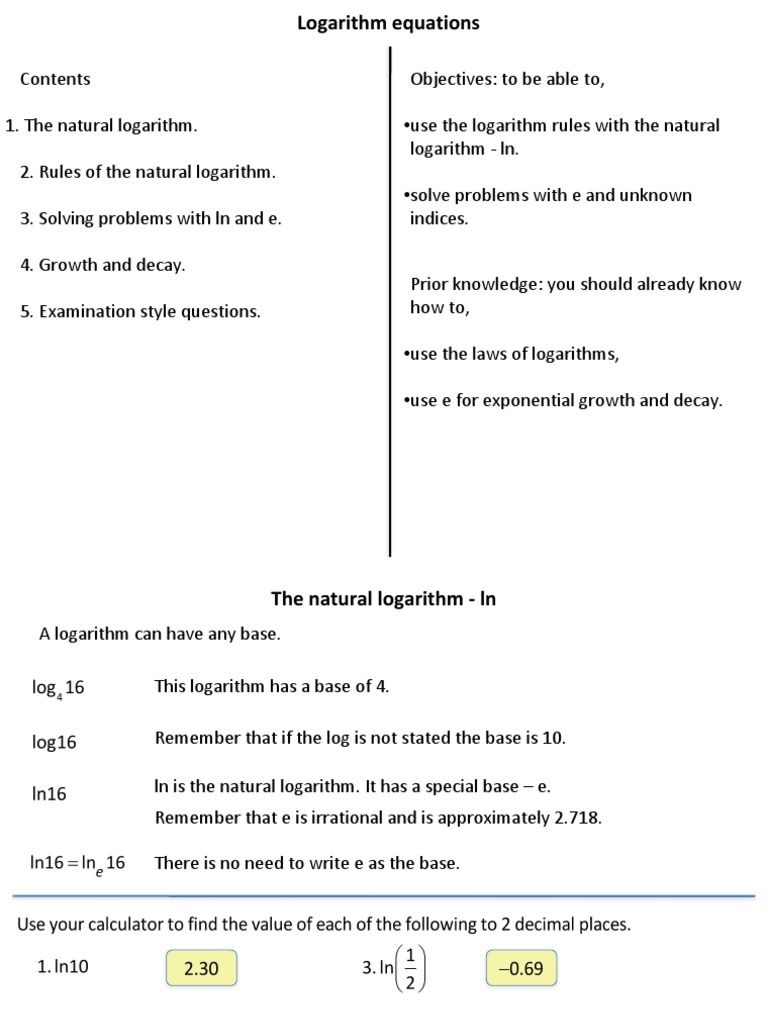 Natural Logarithm Equations Guide | PDF | Language Arts & Discipline ...