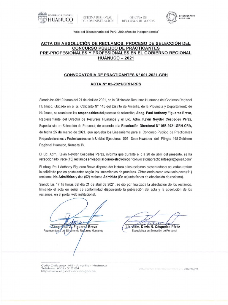 Absolucion de Reclamos - Acta 002 | PDF