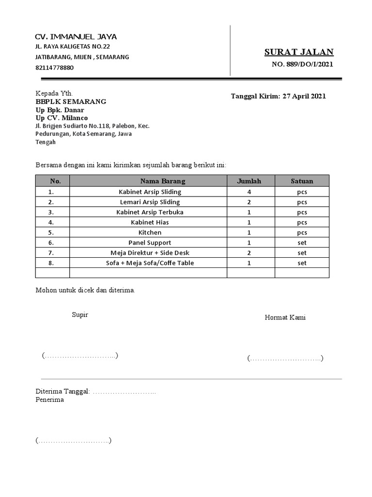 Contoh Surat Jalan Pengiriman Barang Surat Pengantar Barangdoc | PDF