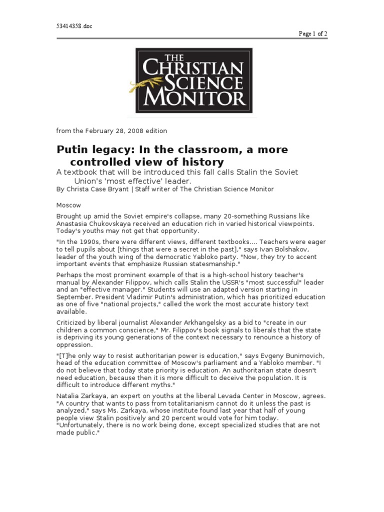 02-28-08 CSM-Putin Legacy - in The Classroom, A More Controlle ...