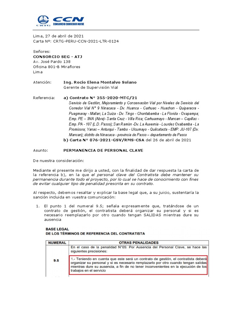 CRTG-PERU-CCN-2021-LTR-0124 - Respuesta A Carta Por Permanencia Personal Clave - Rev2904202 | PDF
