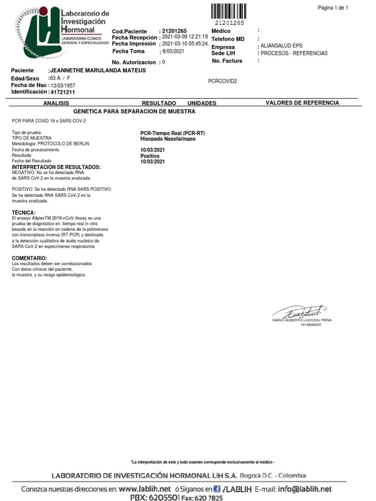 PCR-Tiempo Real (PCR-RT) Hisopado Nasofaringeo 10/03/2021 Positivo 10 ...