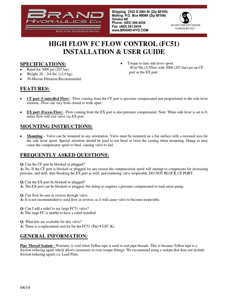 High Flow FC Flow Control (Fc51) Installation & User Guide ...