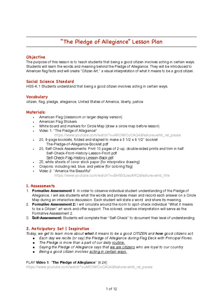 "The Pledge of Allegiance" Lesson Plan: Objective | PDF | Pledge Of ...