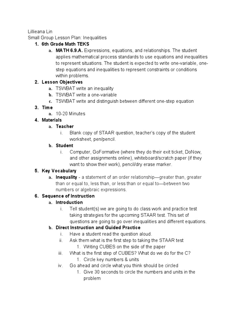 6th Grade Small Group Lesson Plan 1 | PDF | Equations | Lesson Plan