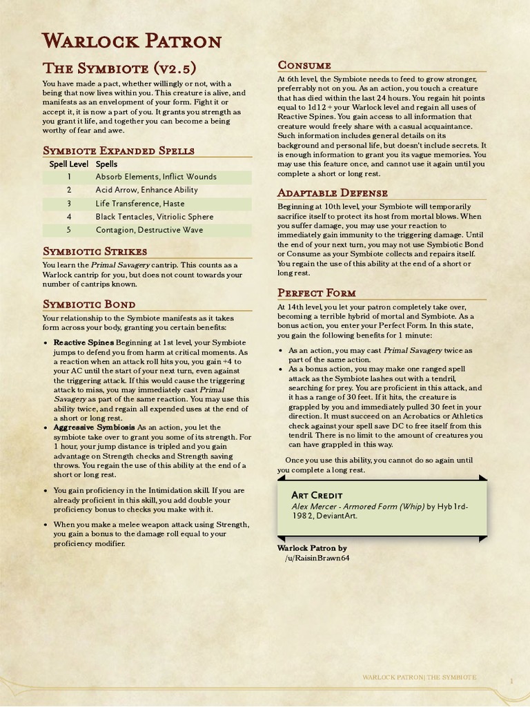 The Symbiote: A Homebrew Warlock Patron | PDF | Symbiosis | Leisure