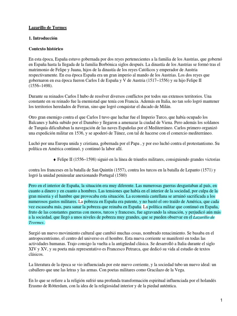 Lazarillo de Tormes 1 Introduccion Contexto Historico - Compress | PDF ...
