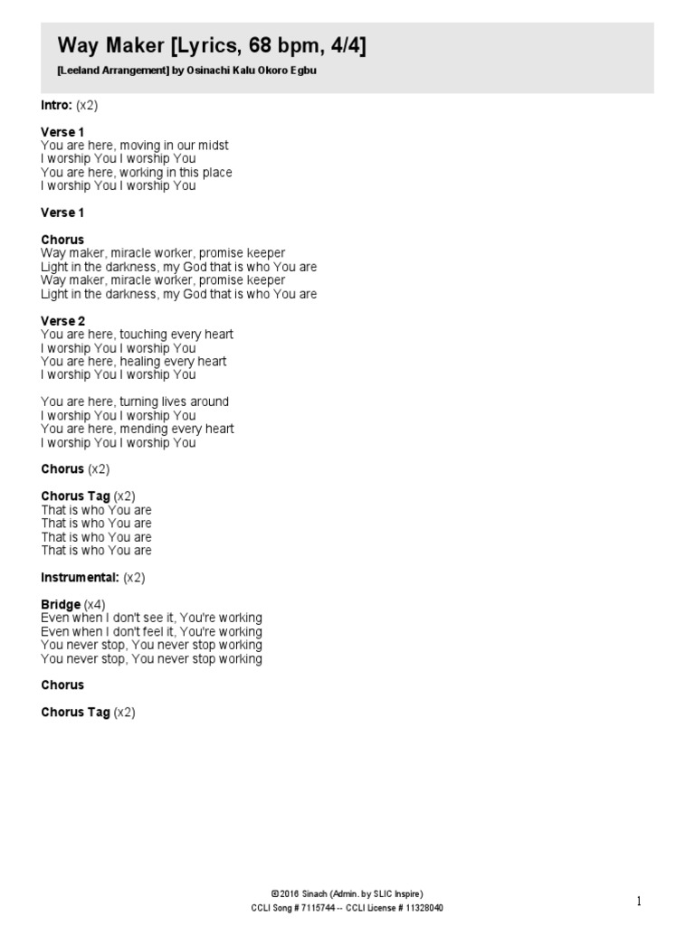 Way Maker (Lyrics, 68 BPM, 4/4) : Intro: (x2) Verse 1 | PDF