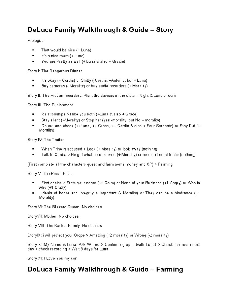 Deluca Family Walkthrough & Guide - Story | PDF | Leisure