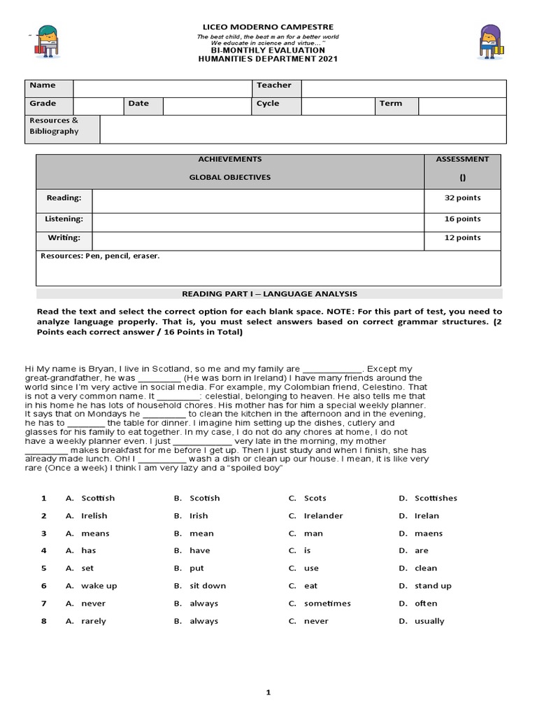 Bimonthly Test - First Term - 7th Grade | PDF