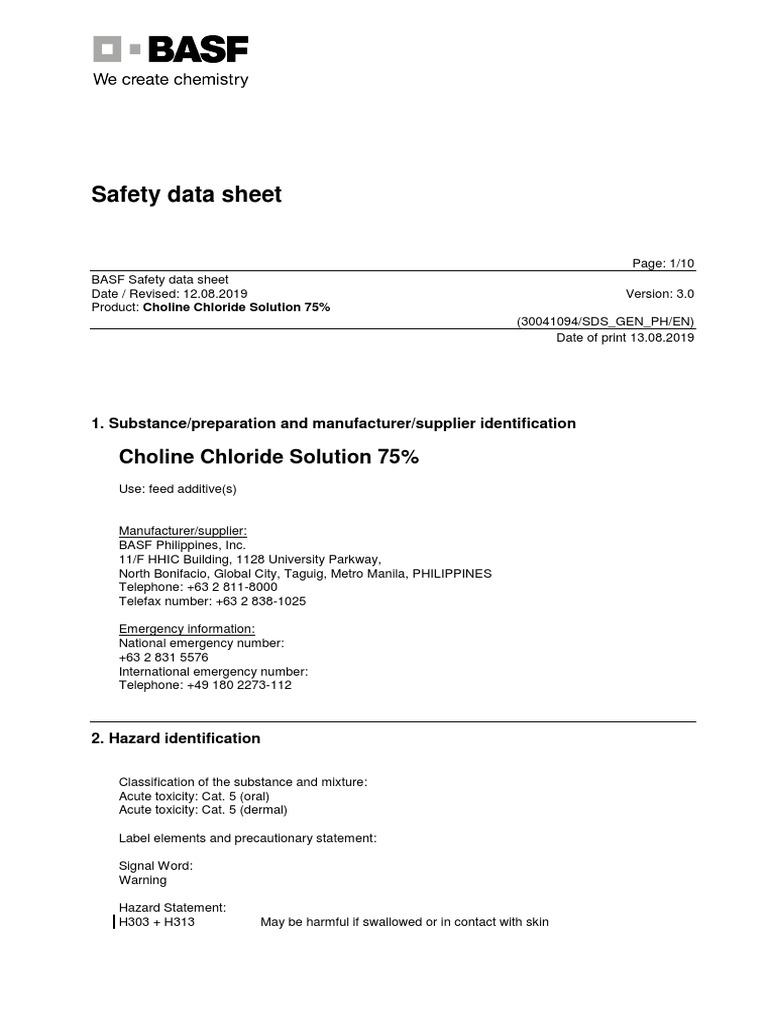 Safety Data Sheet: Choline Chloride Solution 75% | PDF | Toxicity | Water