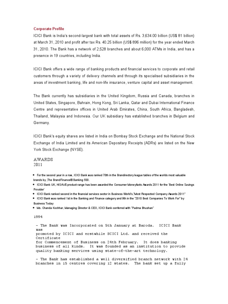 Corporate Profile of ICICI Bank | PDF | Companies | Banks