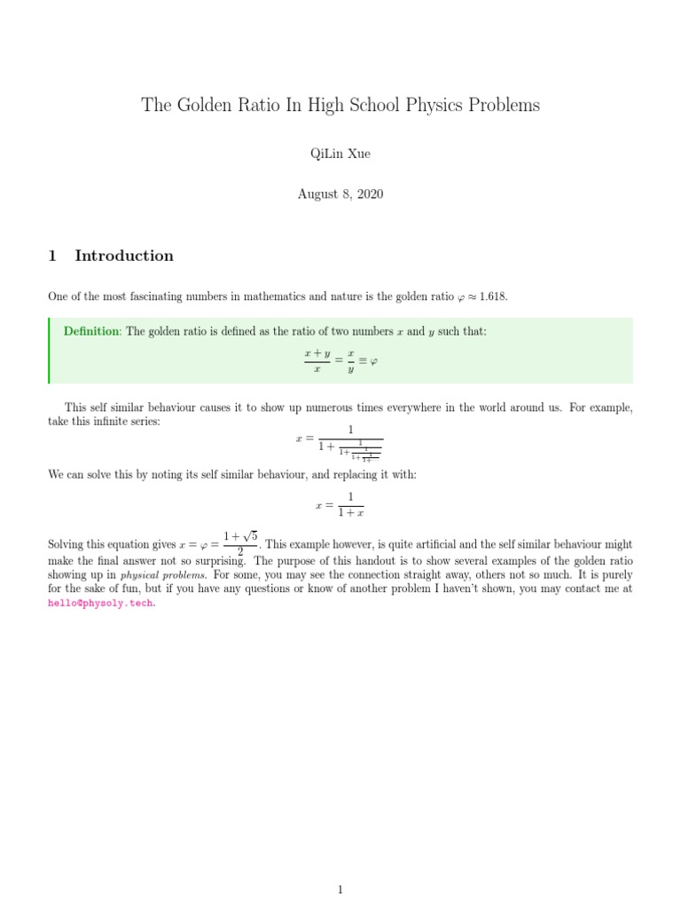 The Golden Ratio in High School Physics Problems: Qilin Xue | Download ...