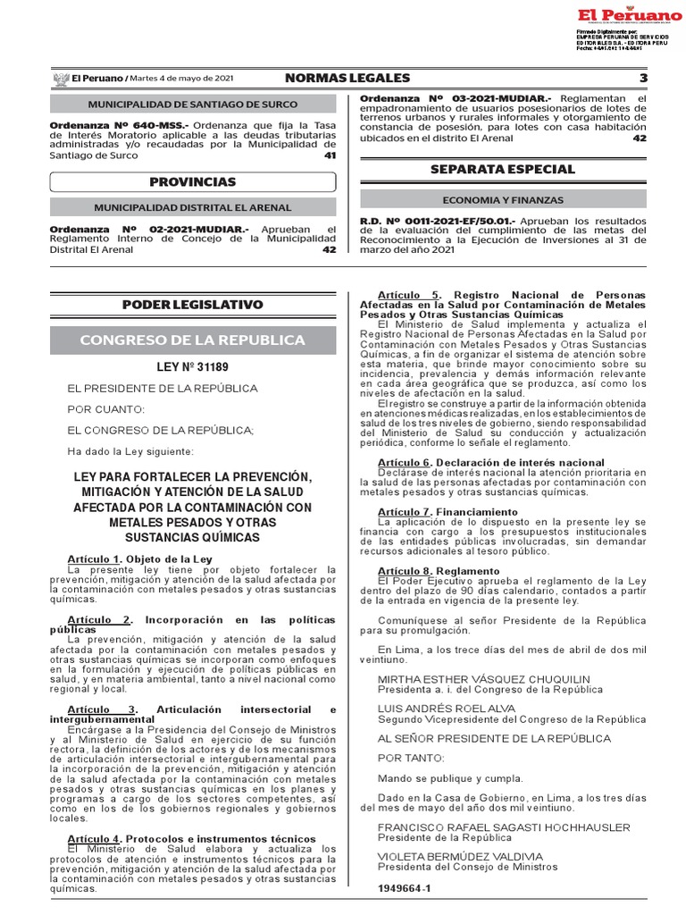 Congreso de La Republica: 3 Normas Legales | PDF | Gobierno local | Contaminación