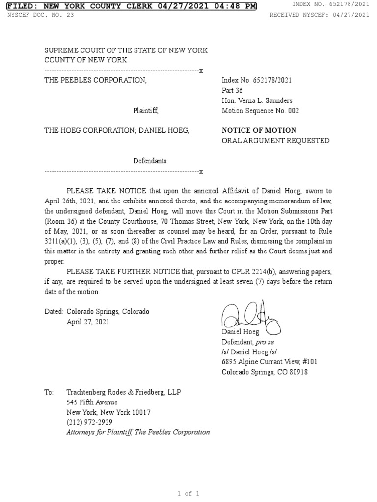 Motion to Dismiss Peebles Corp Case | PDF | Lawsuit | Judiciaries