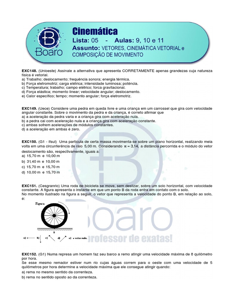 CINEMÁTICA – LISTA 5- A9-Vetores_ A10-Cinem.Vetorial e A11-Comp.mov.- Plataforma FINAL | PDF ...