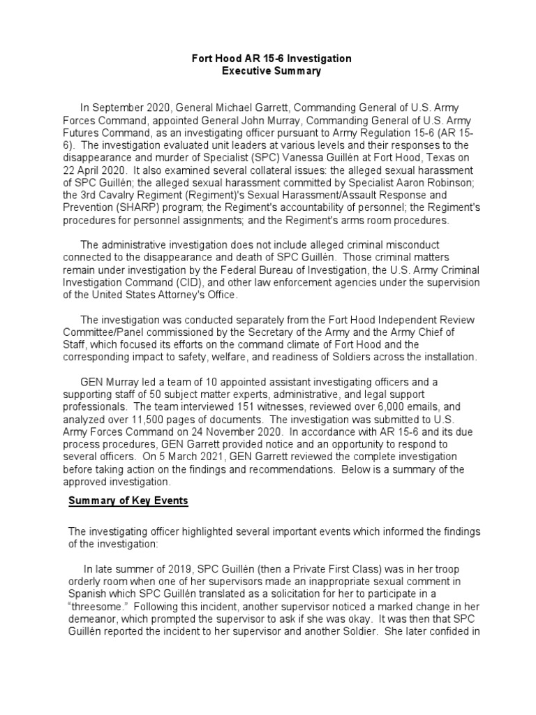 Army Regulation 15-6 Investigation Executive Summary | PDF | Desertion ...