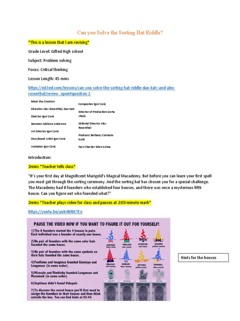 Sorting Hat Lesson Plan 1 | Download Free PDF | Pedagogy | Learning