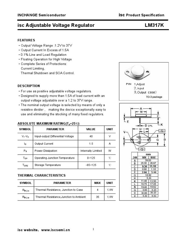Isc Adjustable Voltage Regulator LM317K: INCHANGE Semiconductor Product ...