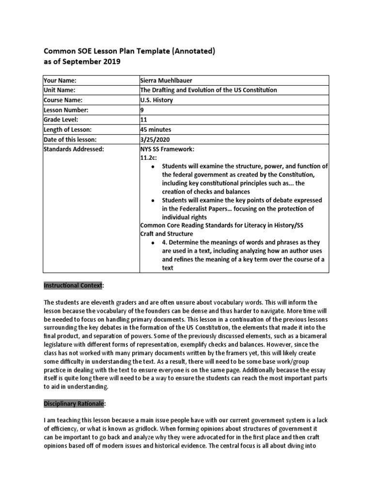 Common SOE Lesson Plan Template (Annotated) As of September 2019 ...