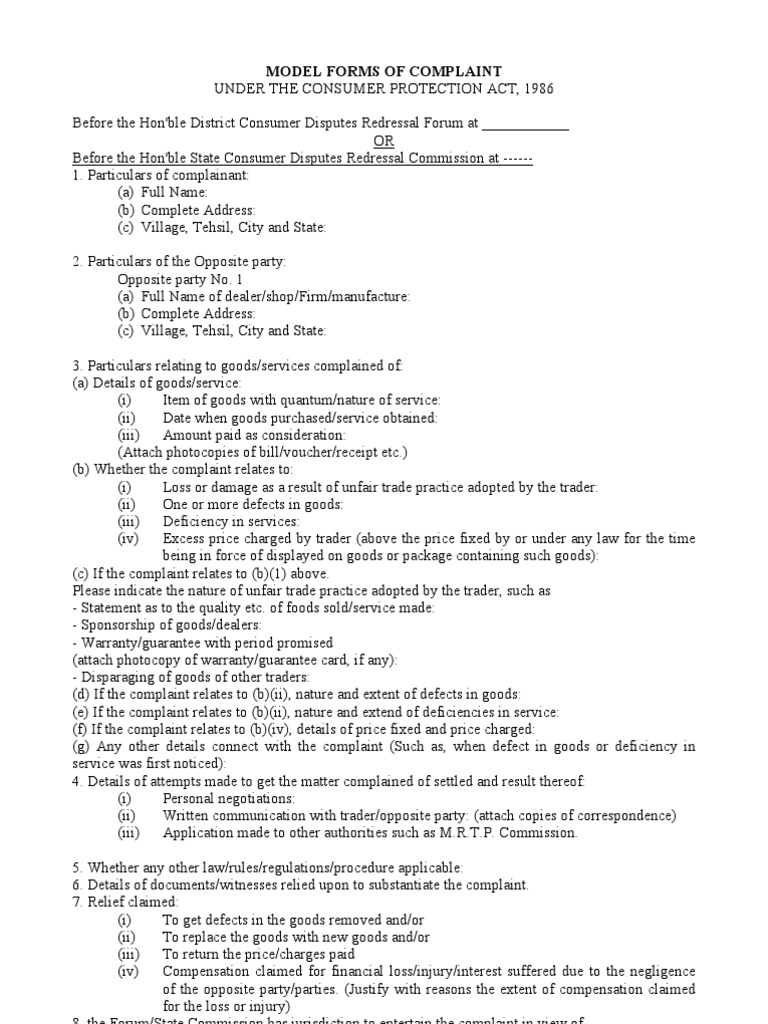 Model Form of Complaint | PDF | Consumer Protection | Complaint