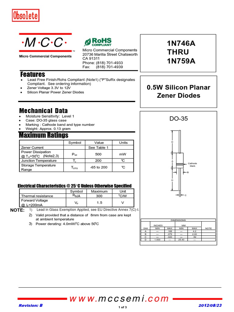 Mccsemi: 1N746 A Thru 1N759 A | PDF | Diode | Physical Quantities