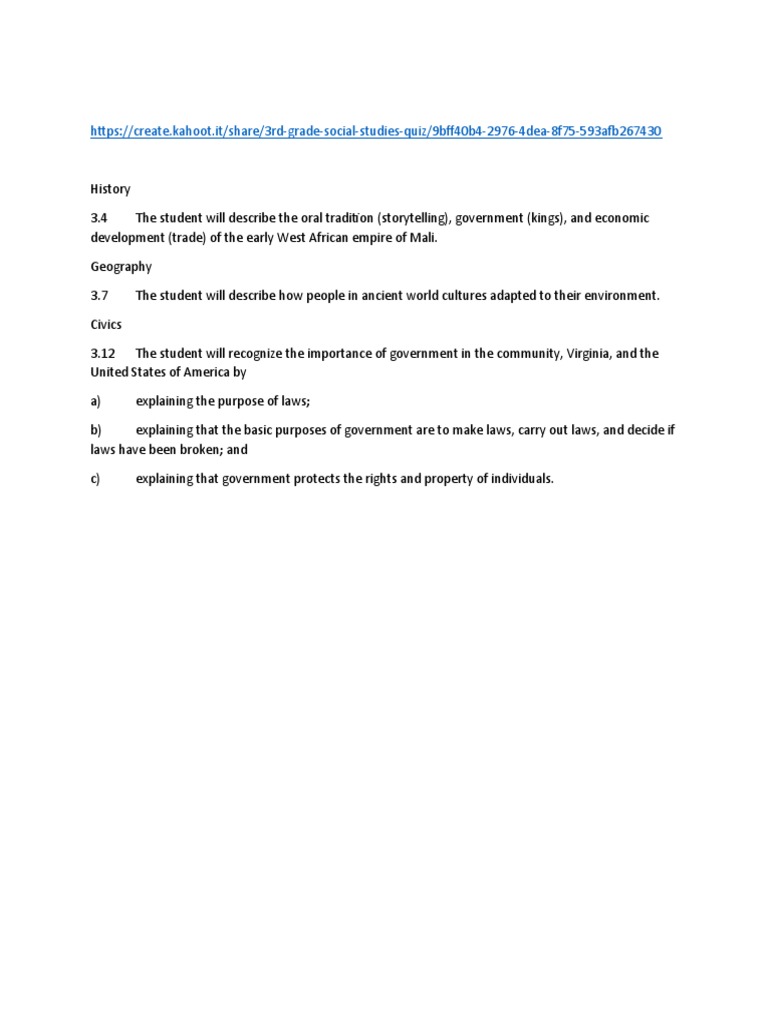 3rd Grade Social Studies Quiz | PDF