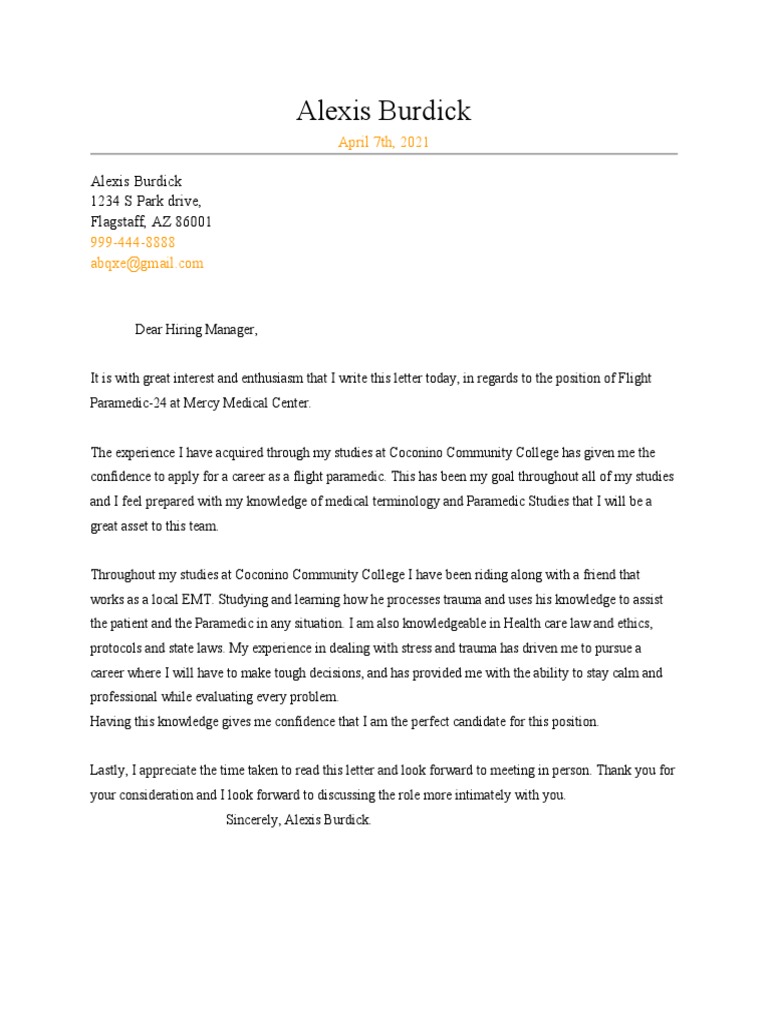 Cover Letter 1 | PDF | Paramedic | Emergency Medical Services