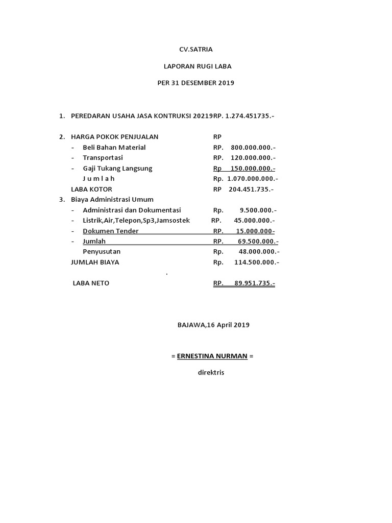 Laporan Rugi Laba CV - Satria | PDF