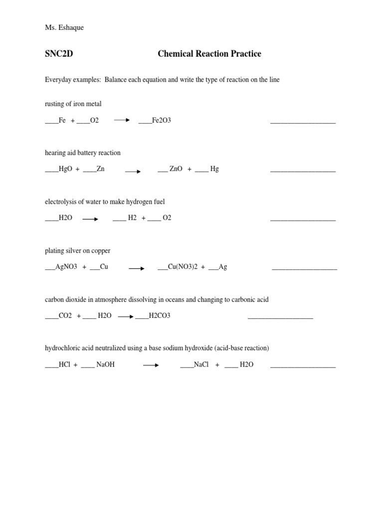Chemical Reaction Practice | PDF | Chemical Reactions | Chlorine