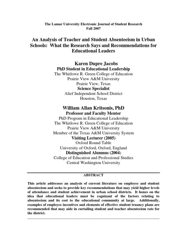 An Analysis of Teacher and Student Absenteeism in Urban Schools | PDF