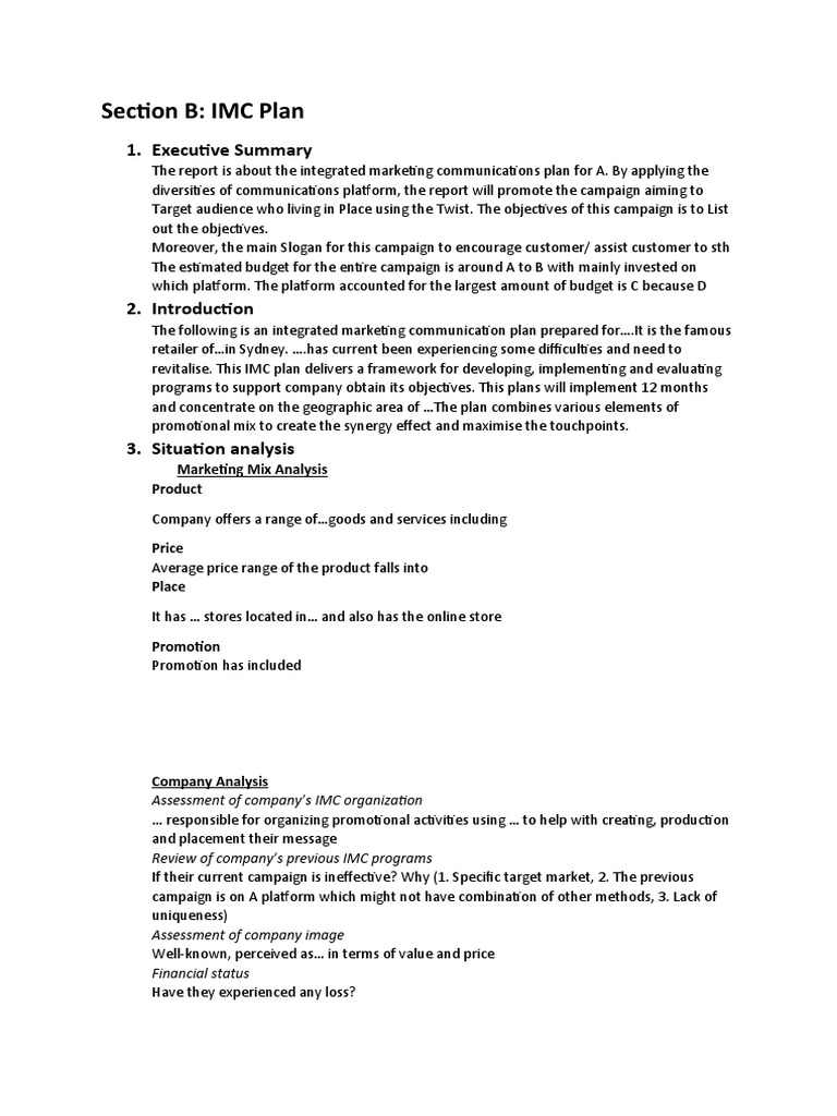 Section B: IMC Plan: 1. Executive Summary | PDF | Target Audience ...