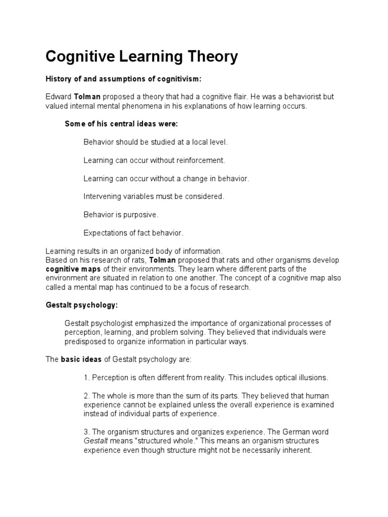 Cognitive Learning Theory: History of and Assumptions of Cognitivism ...
