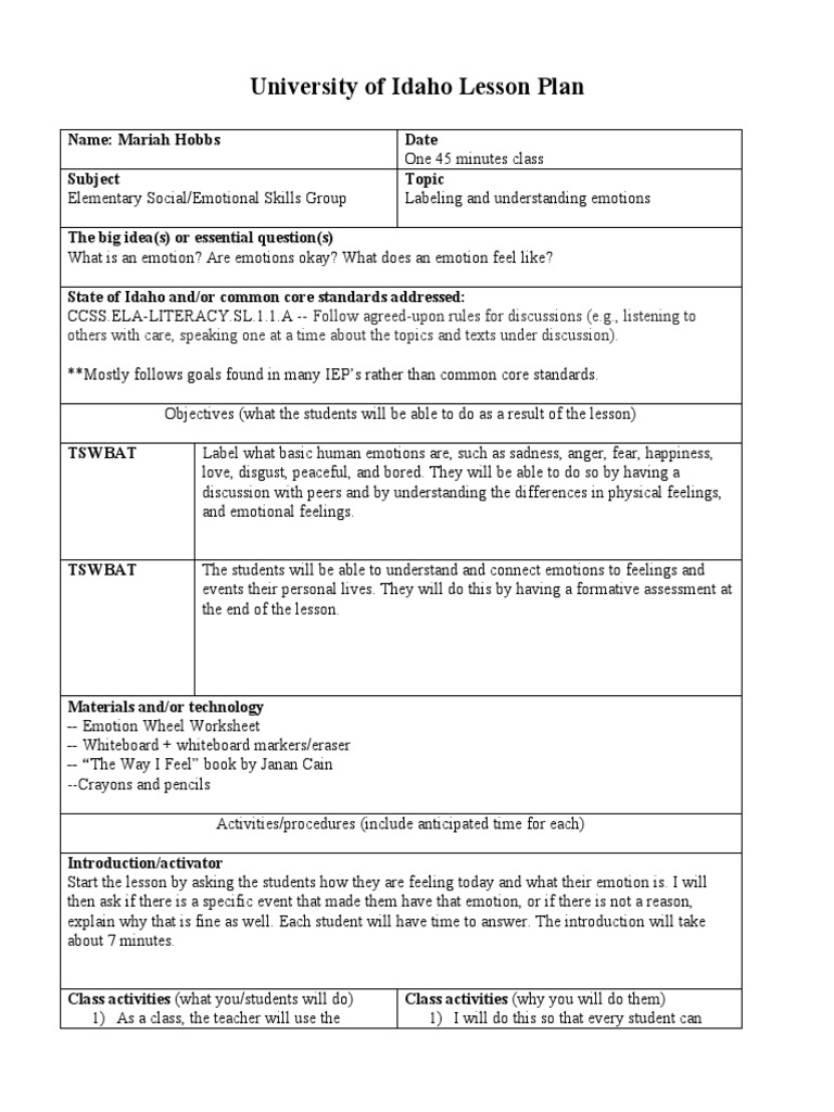 University of Idaho Lesson Plan | PDF | Emotions | Lesson Plan