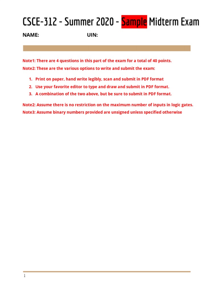 CSCE-312 - Summer 2020 - Sample Midterm Exam: Name: Uin | PDF | Logic ...