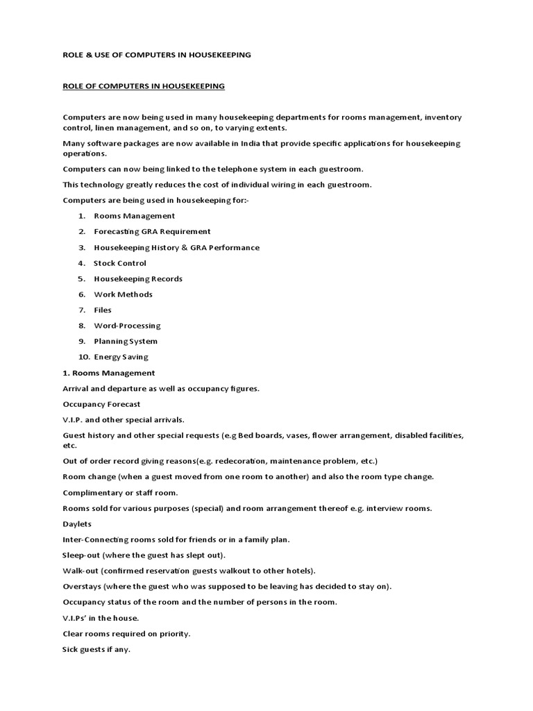 Role & Use of Computers in Housekeeping | PDF | Wi Fi | Wireless Lan
