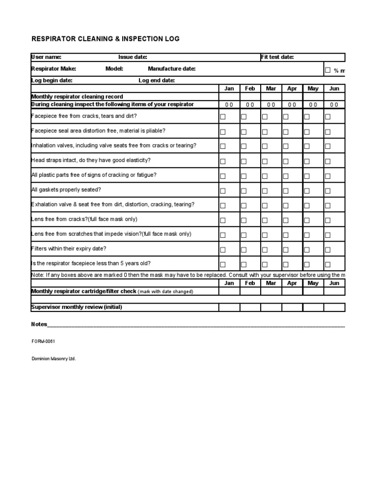 Form-0061 - Respirator Maintenance Log | PDF | Safety | Equipment