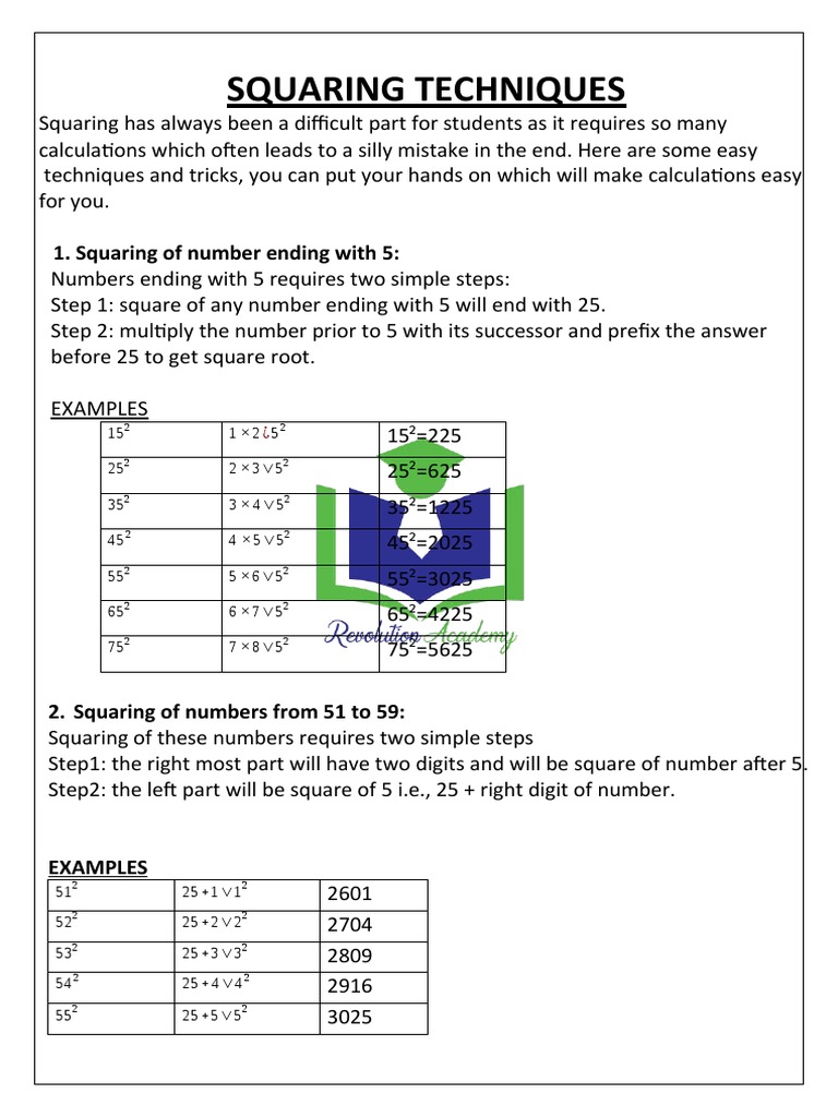 Squaring Techniques and Tricks | PDF | Numbers | Teaching Mathematics