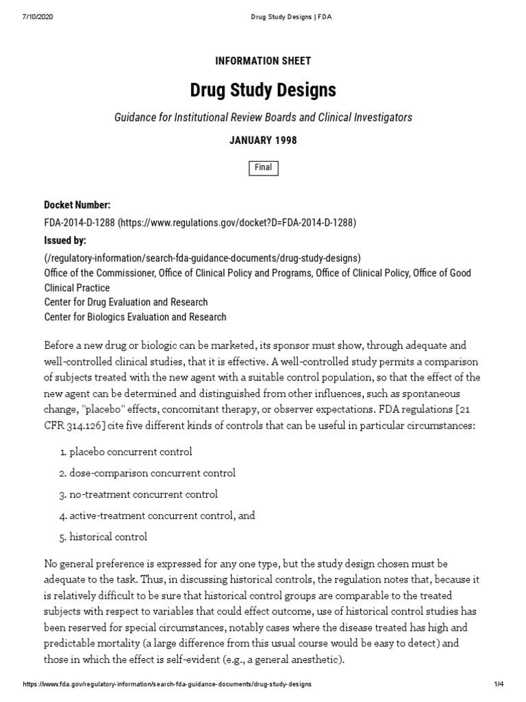 Drug Study Designs - FDA | PDF | Placebo | Placebo Controlled Study