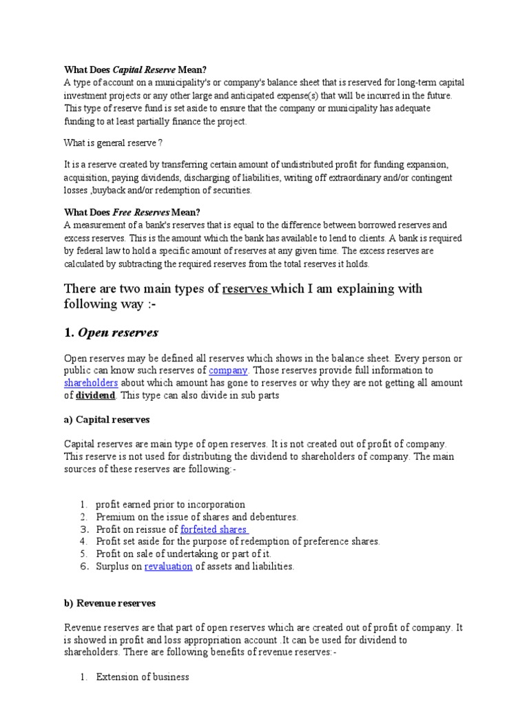 What Capital Reserve Means & Types of Reserves | PDF | Option (Finance ...