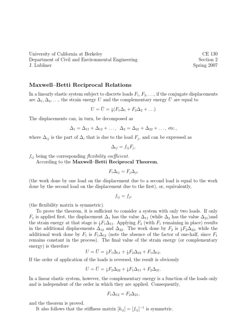 Maxwell-Betti Reciprocal Theorem | PDF | Stiffness | Deformation (Mechanics)