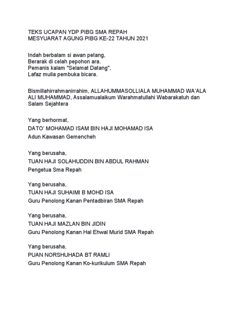 Teks Ucapan Ydp PIBG 2021 | PDF