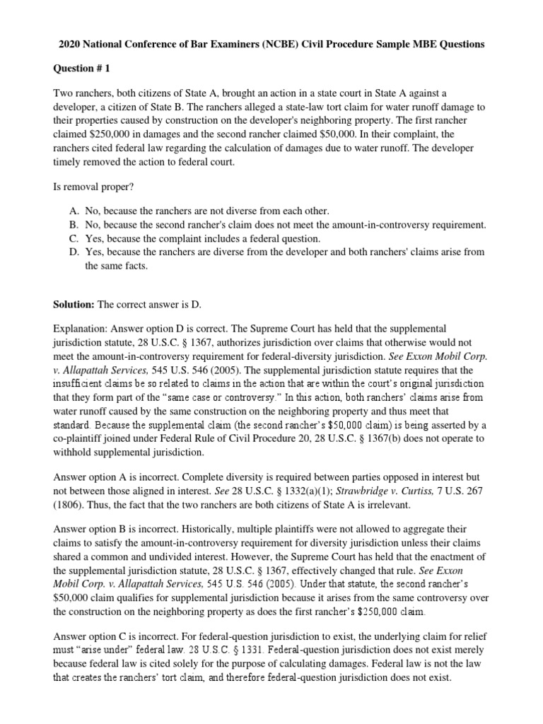 2020 National Conference of Bar Examiners (NCBE) Civil Procedure Sample ...