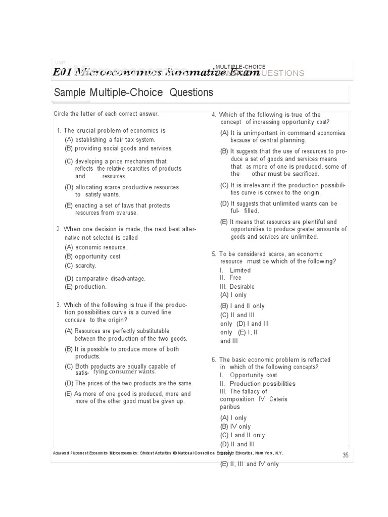 Unit 1 Microeconomics Sample Questions Multiple Choice | PDF ...