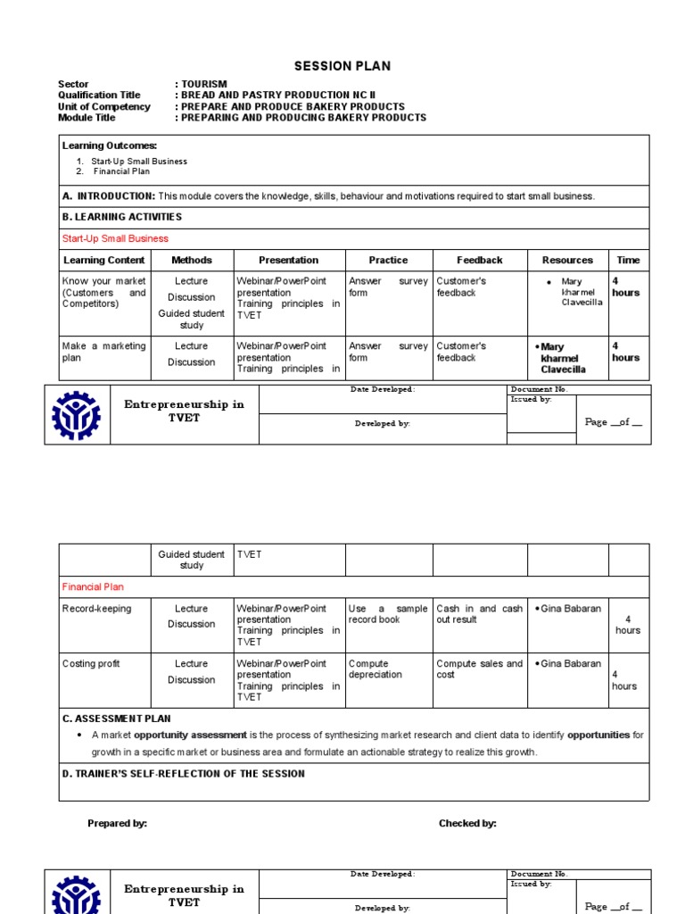 Session Plan: Entrepreneurship in Tvet | PDF | Lecture | Entrepreneurship