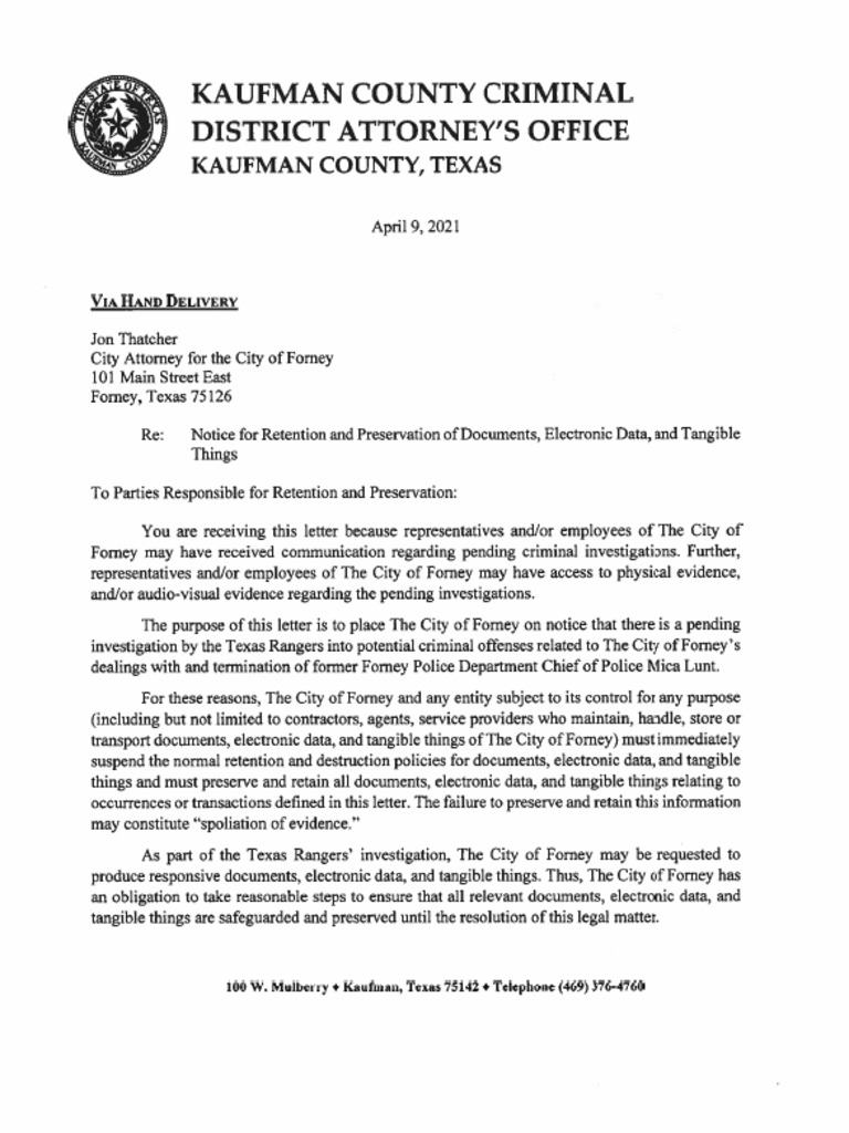 Evidence Preservation Letter To City of Forney | PDF