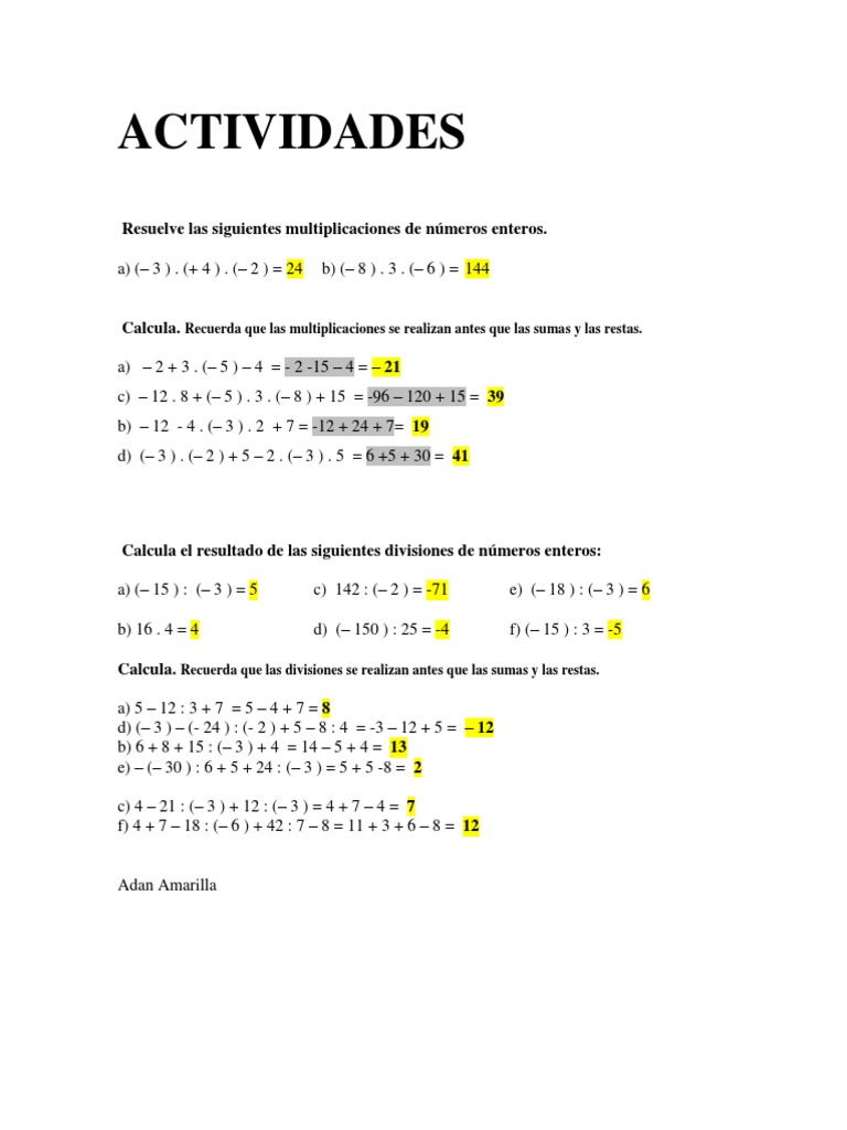 Multiplicacion y Division de Numeros Enteros | PDF