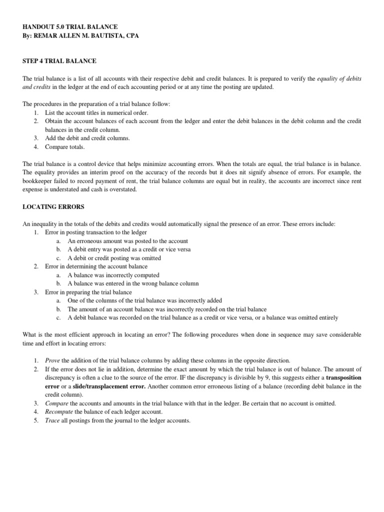 HANDOUT 5.0 Trial Balance | PDF | Debits And Credits | Business Economics