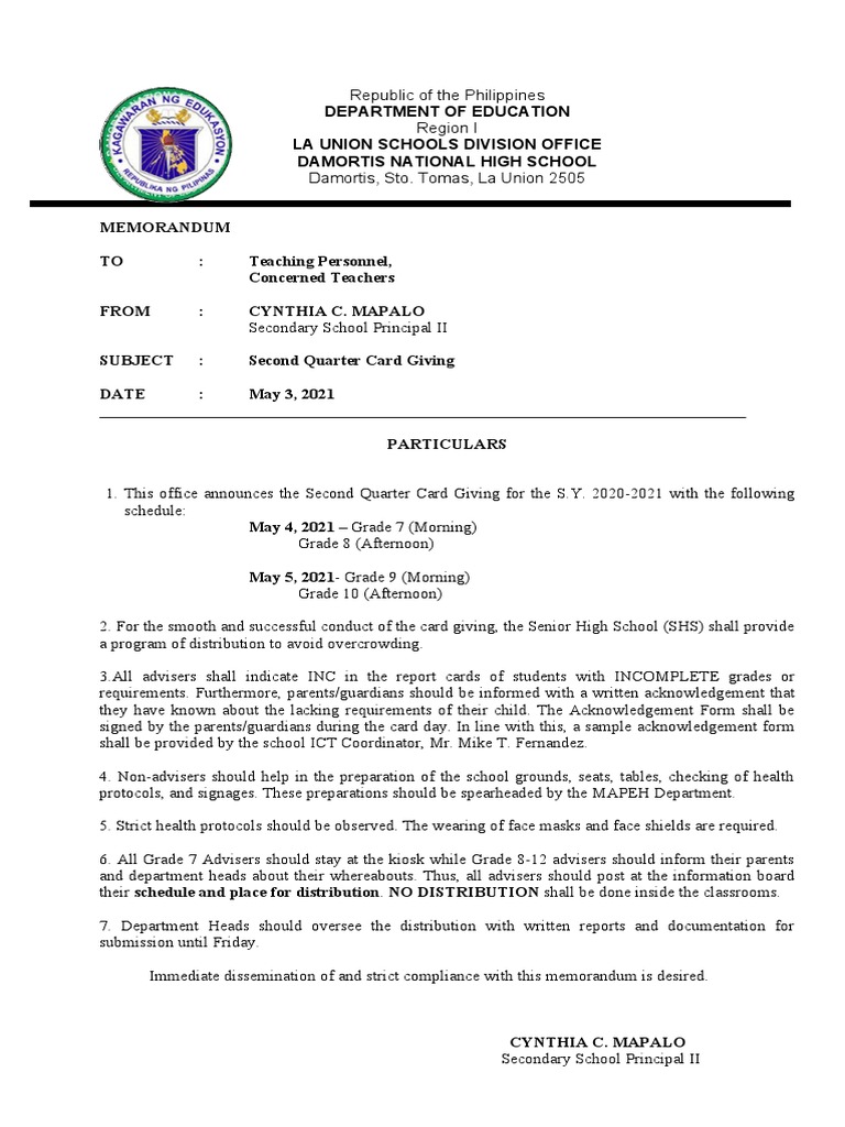 Memo Card Day | PDF | Teachers