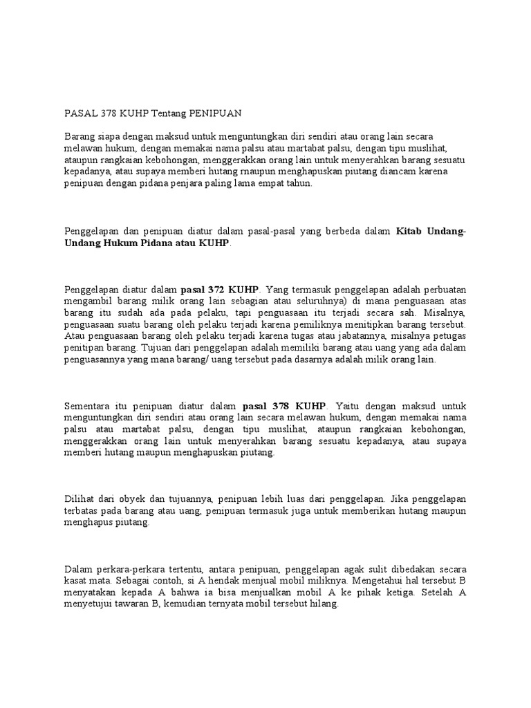 PASAL 378 KUHP Tentang PENIPUAN | PDF PASAL 378 KUHP Tentang PENIPUAN | PDF